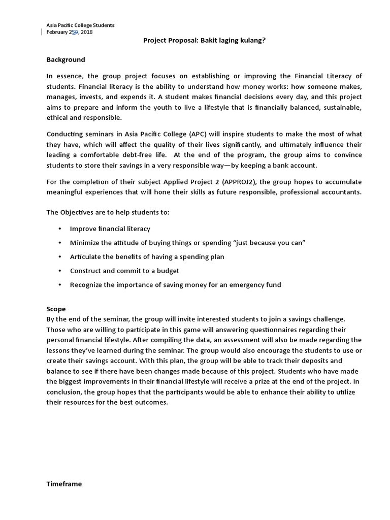 Revised Project Proposal | PDF | Financial Literacy | Literacy Revised Project Proposal | PDF | Financial Literacy | Literacy
