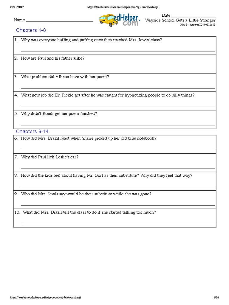 Wayside School Comprehension Questions | PDF