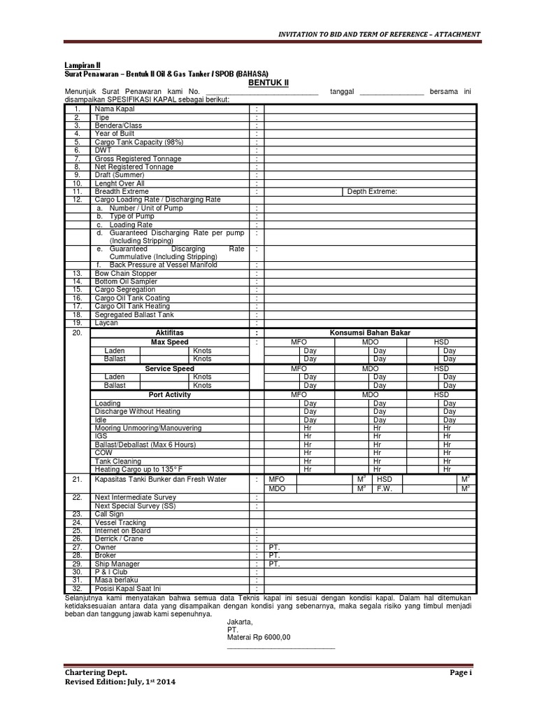Lampiran II Surat Penawaran - Bentuk II Oil & Gas Tanker / SPOB (BAHASA ...