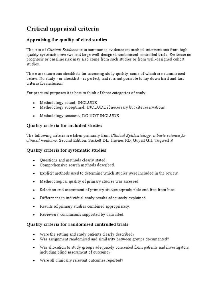 Critical Appraisal Criteria | PDF | Randomized Controlled Trial ...