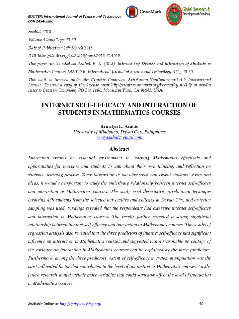 Internet Self-Efficacy and Interaction of Students in Mathematics ...