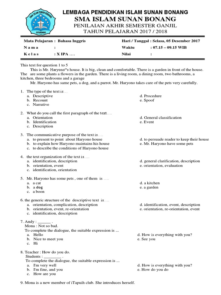 Soal PAS Ganjil Kelas X 2017 | PDF