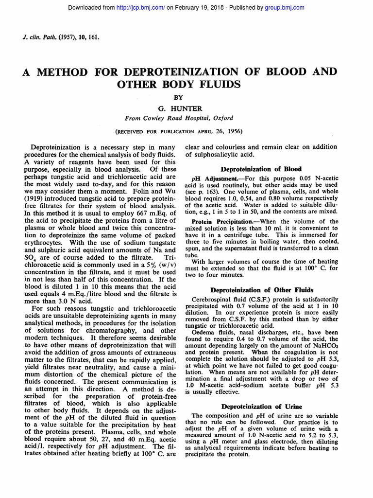 A Method For Deproteinization Other Body Fluids: of Blood and | PDF ...