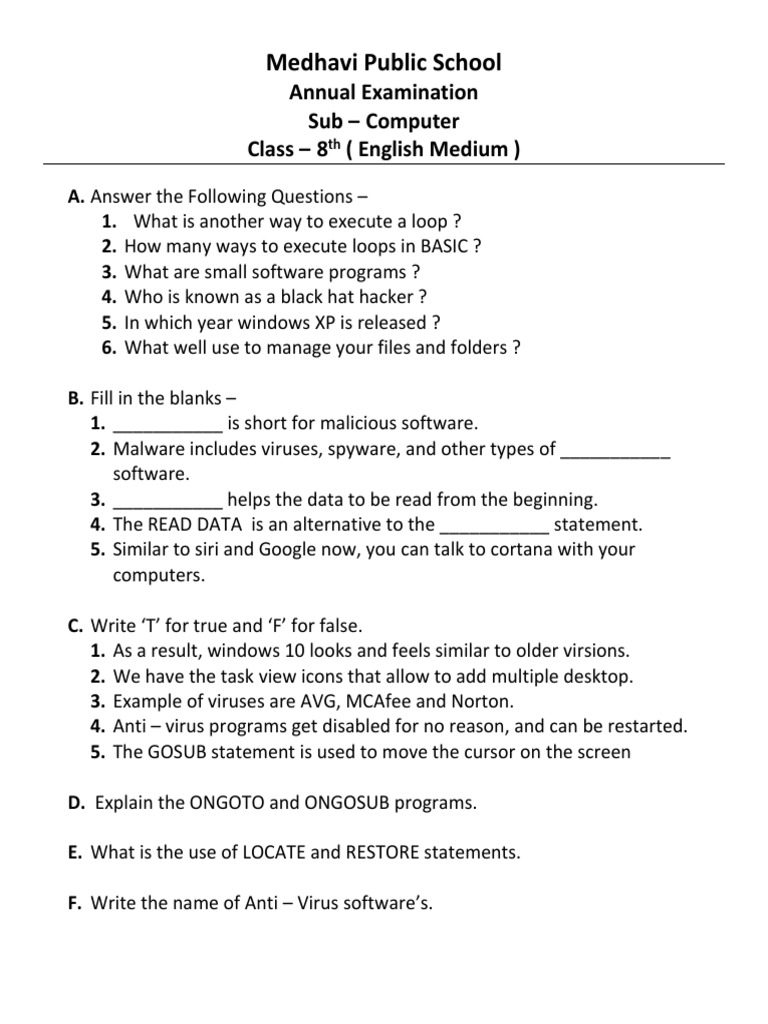 Class 8 Computer Exam Questions & Answers | PDF | Computer Virus | Malware