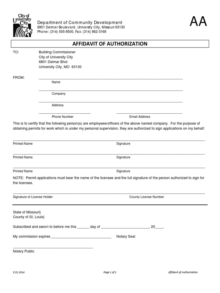 Affidavit of Authorization 140331 PDF | PDF | Notary Public | Document