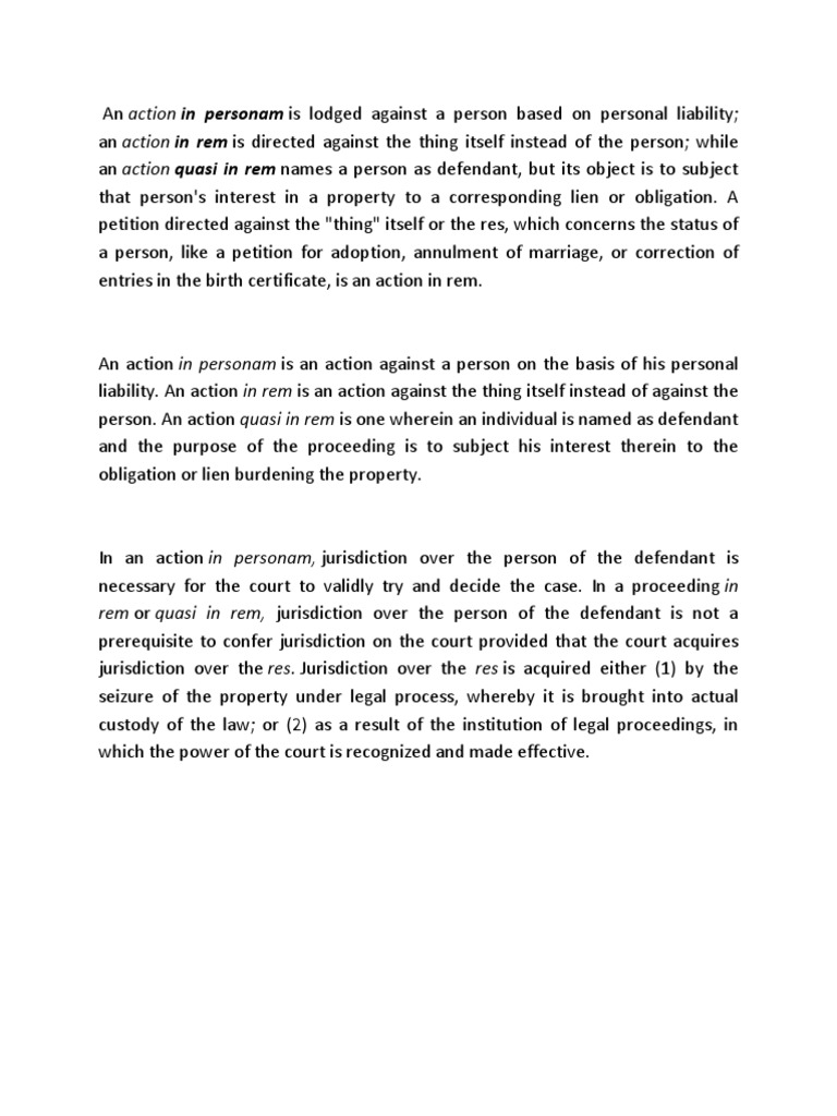 Action in Rem, Quasi in Rem, Action Personam | PDF | Social Science | Law