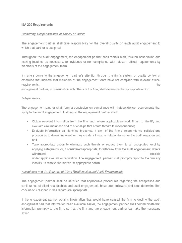 ISA 220 Requirements | PDF | Auditor's Report | Audit