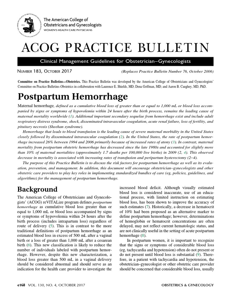 ACOG Practice Bulletin No 183 Postpartum-Hemorrhage-2017 | PDF ...
