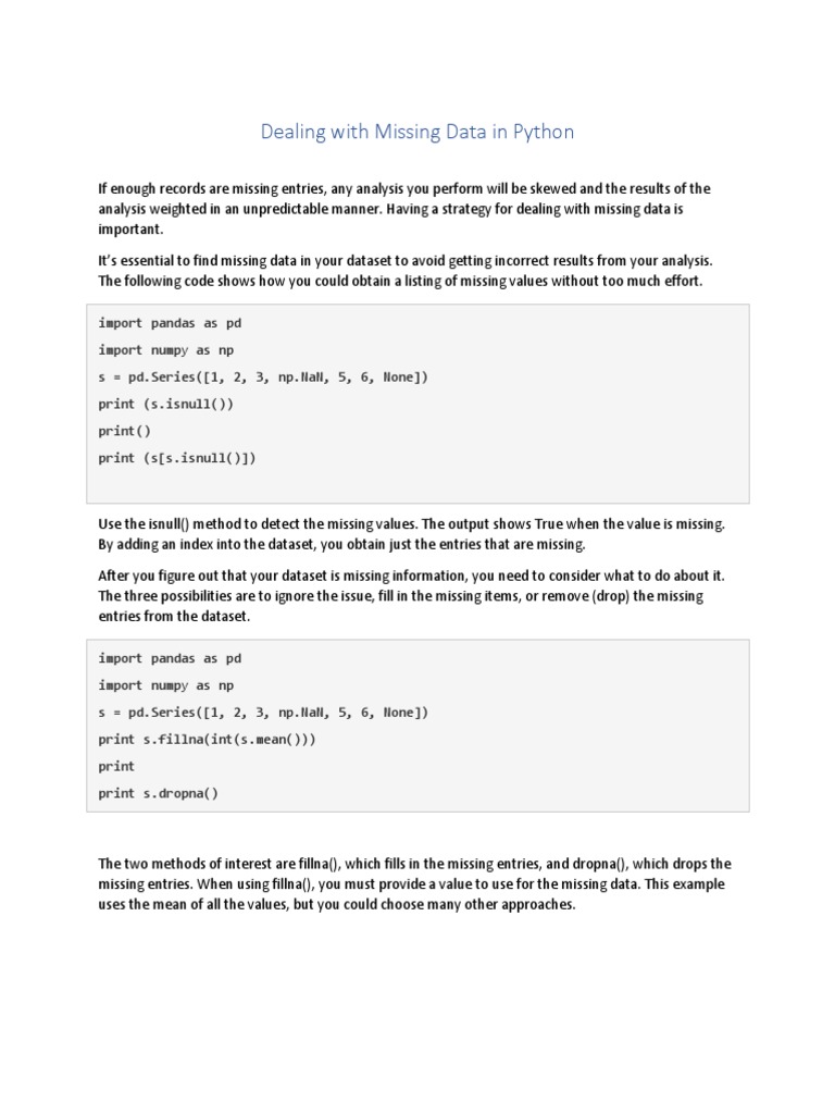 Dealing With Missing Data In Python Pandas Pdf Cross Validation Statistics Prediction