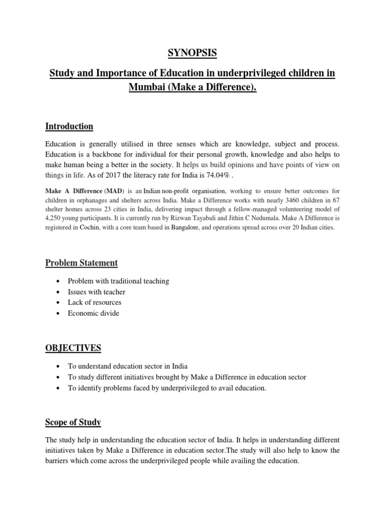 Synopsis Study and Importance of Education in Underprivileged Children ...