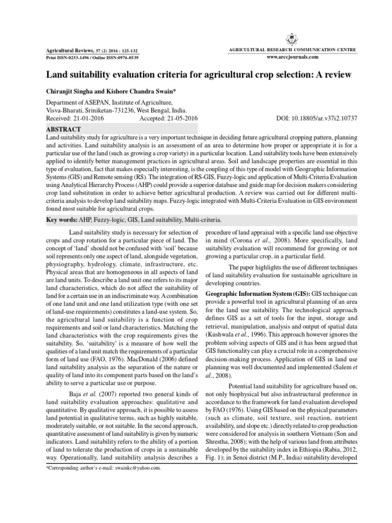 Land Suitability Evaluation Criteria For Agricultural Crop Selection ...