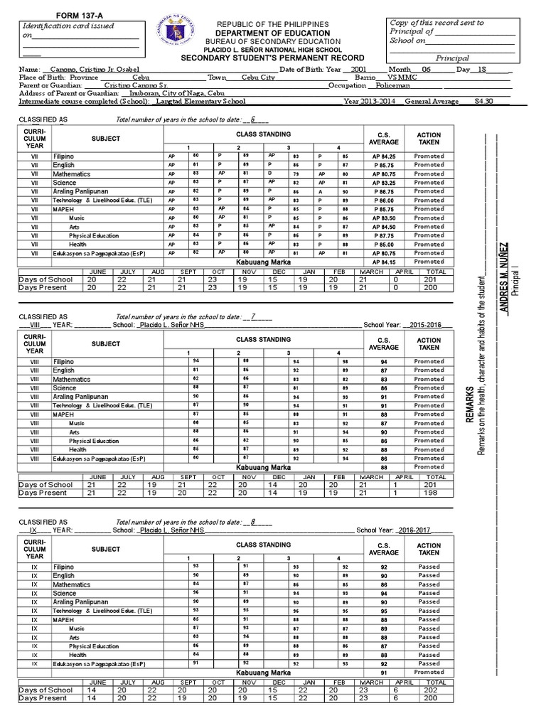 FORM 137-A Secondary Student's Permanent Record | PDF | Change ...