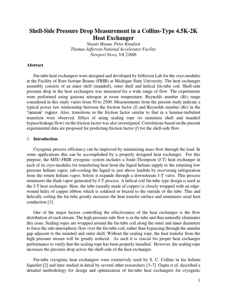 Shell-Side Pressure Drop Measurement in A Collins-Type 4.5K-2K Heat ...