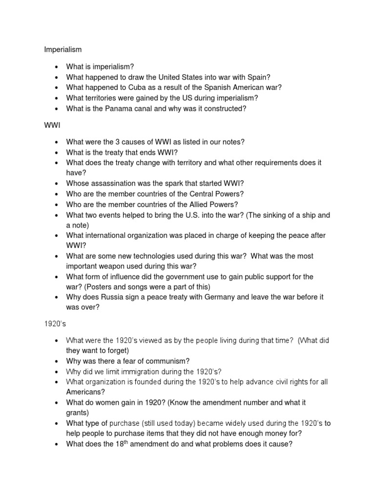 Wwi 1920s and Great Depression Study Guide | PDF | World War I | Great ...