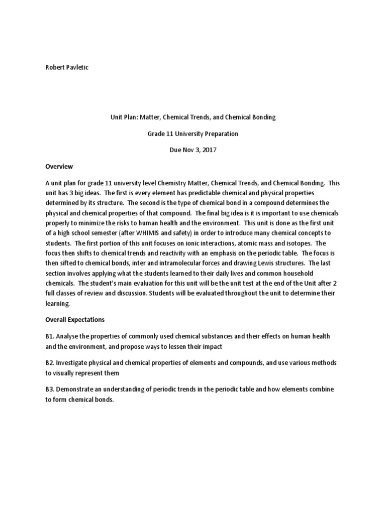 Unit Plan Matter Chemical Trends and Chemical Bonding | PDF | Chemical ...
