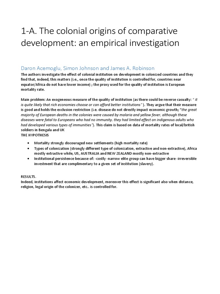 Resume of The Colonial Origins of Comparative Development: An Empirical Investigation | PDF