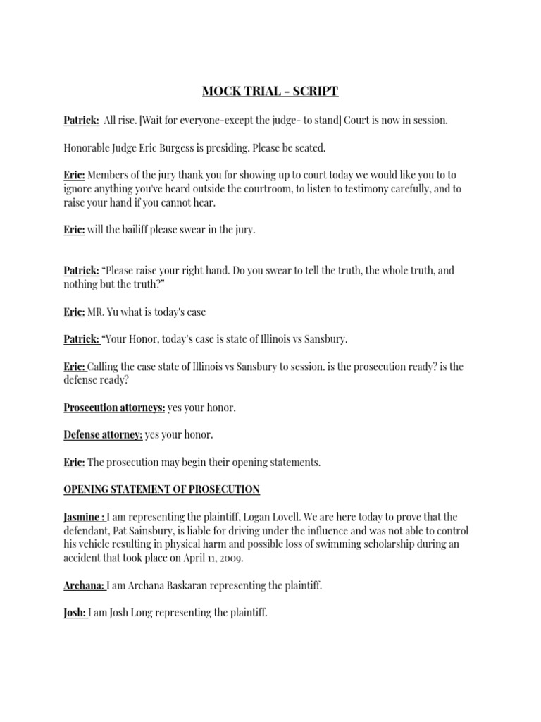 mock trial - script | Driving Under The Influence | Beverages