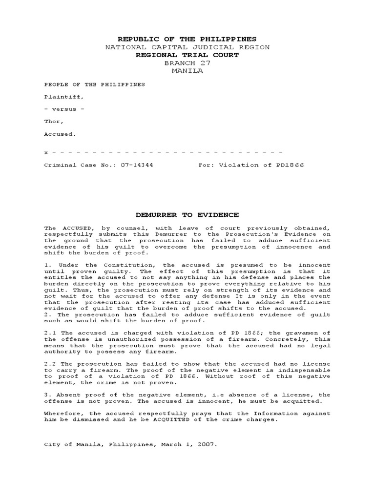 234200262 Demurrer to Evidence Sample Form | Burden Of Proof (Law ...