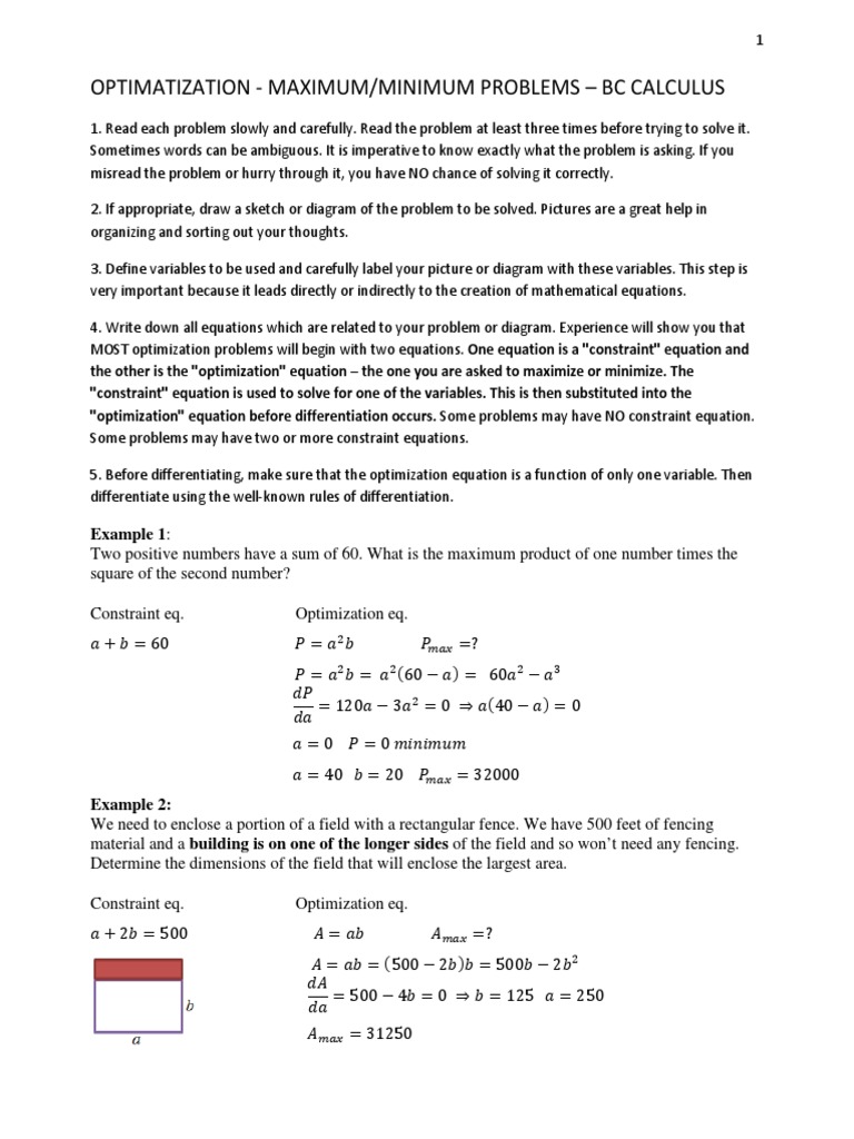 Optimatization - Maximum/Minimum Problems - BC Calculus: Example 1 | PDF | Maxima And Minima ...
