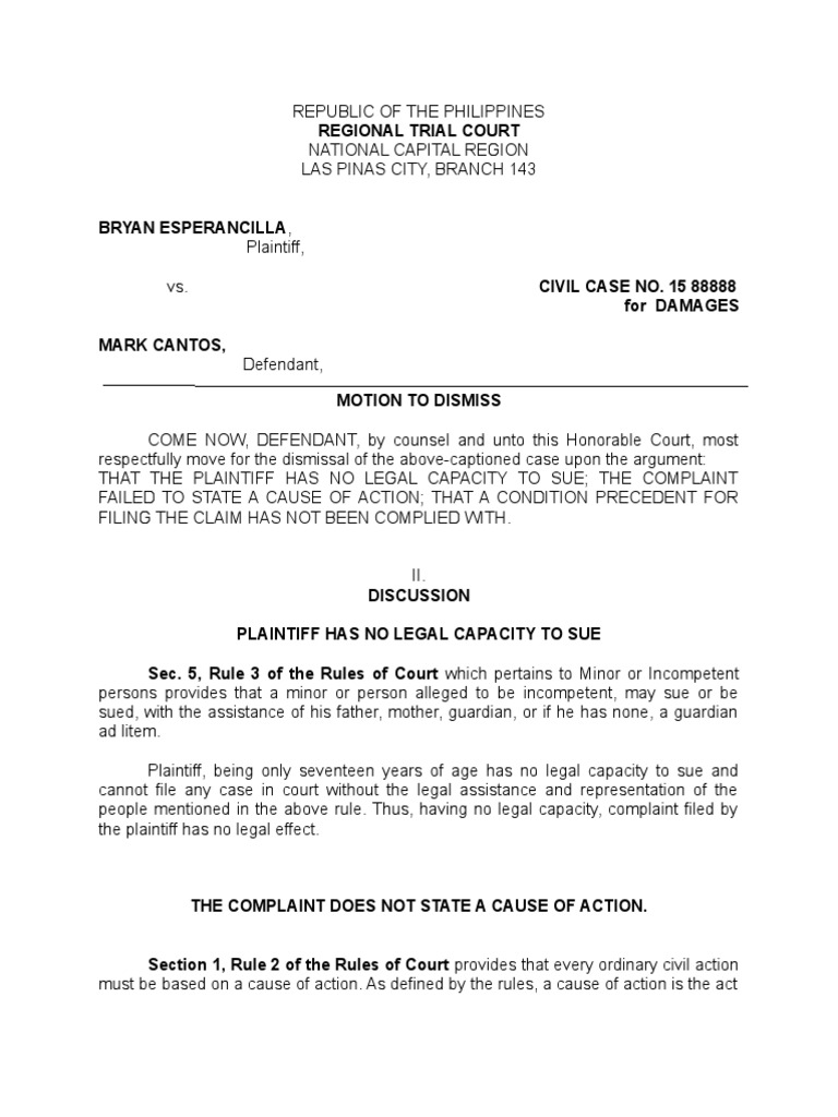 Sample Motion To Dismiss | PDF | Cause Of Action | Lawsuit