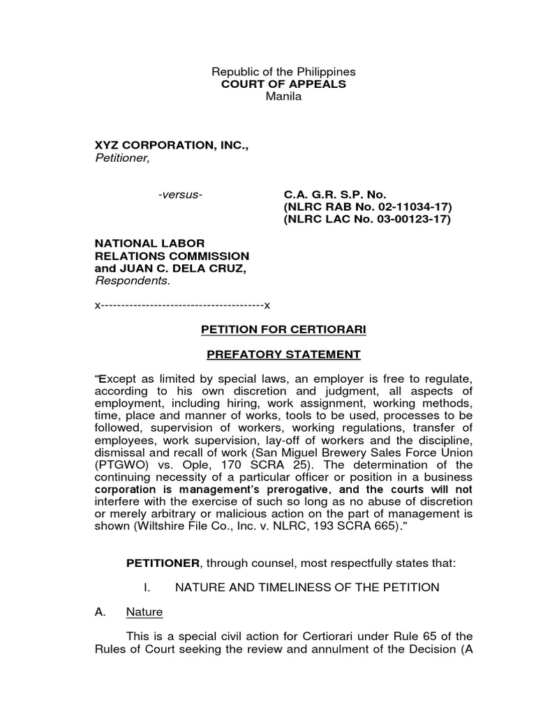 Petition For Certiorari | PDF | Layoff | Certiorari