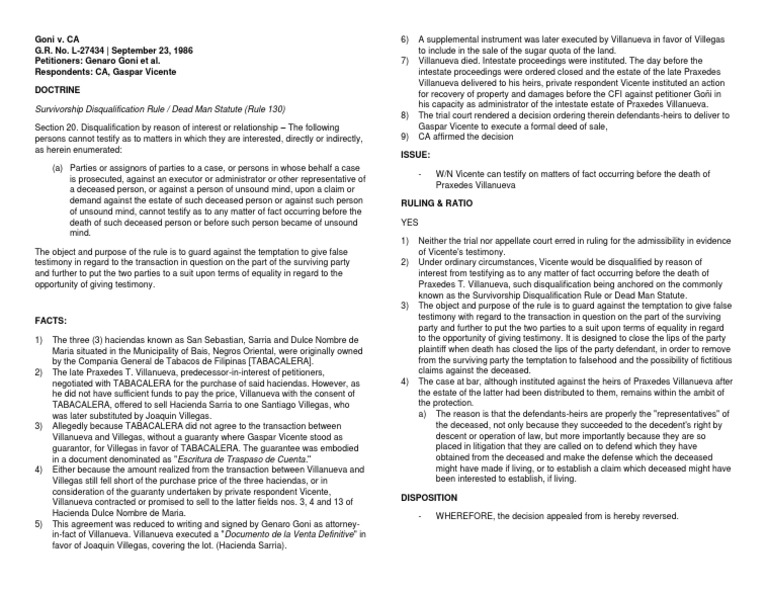 Survivorship Disqualification Rule / Dead Man Statute (Rule 130) | PDF ...