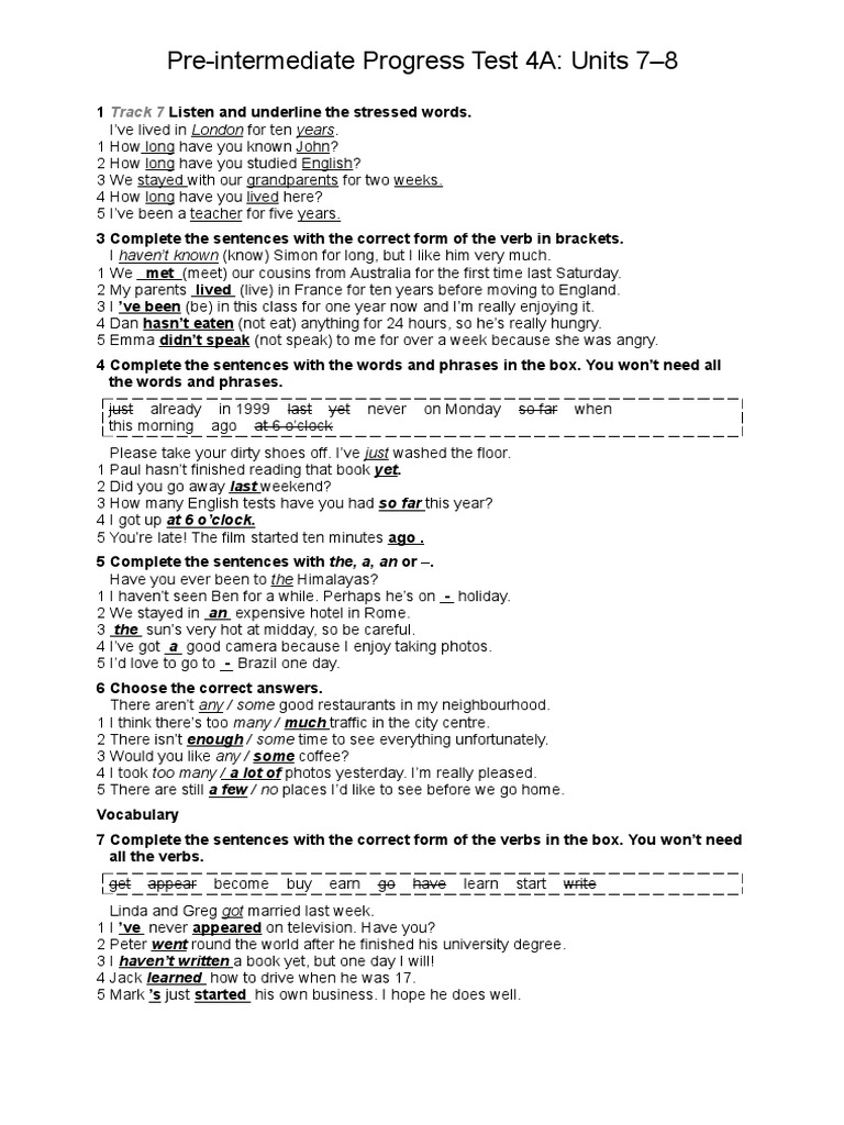 Pre-Intermediate Progress Test 4A: Units 7-8: Track 7 | PDF | Traffic ...