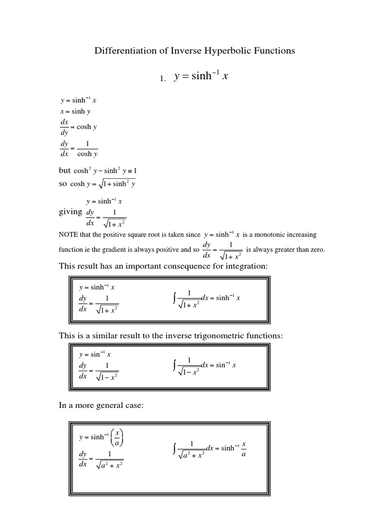 Differentiation Of Inverse Hyperbolic Functions PDF Analysis