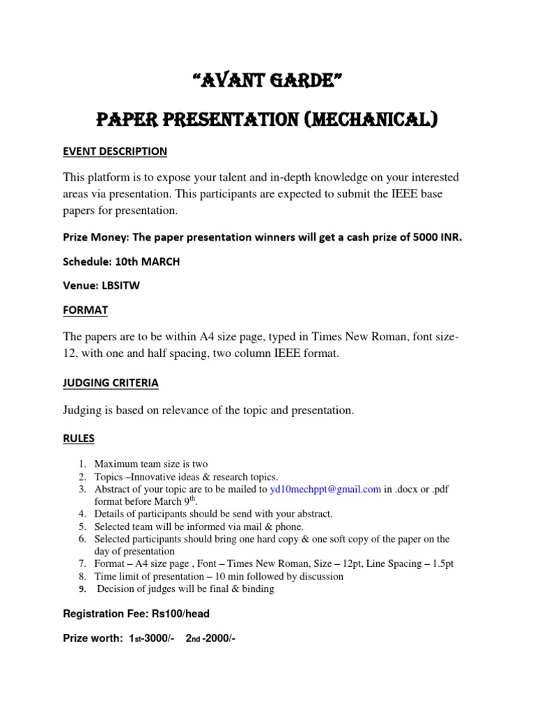 "Avant Garde" Paper Presentation (Mechanical) : Event Description | PDF