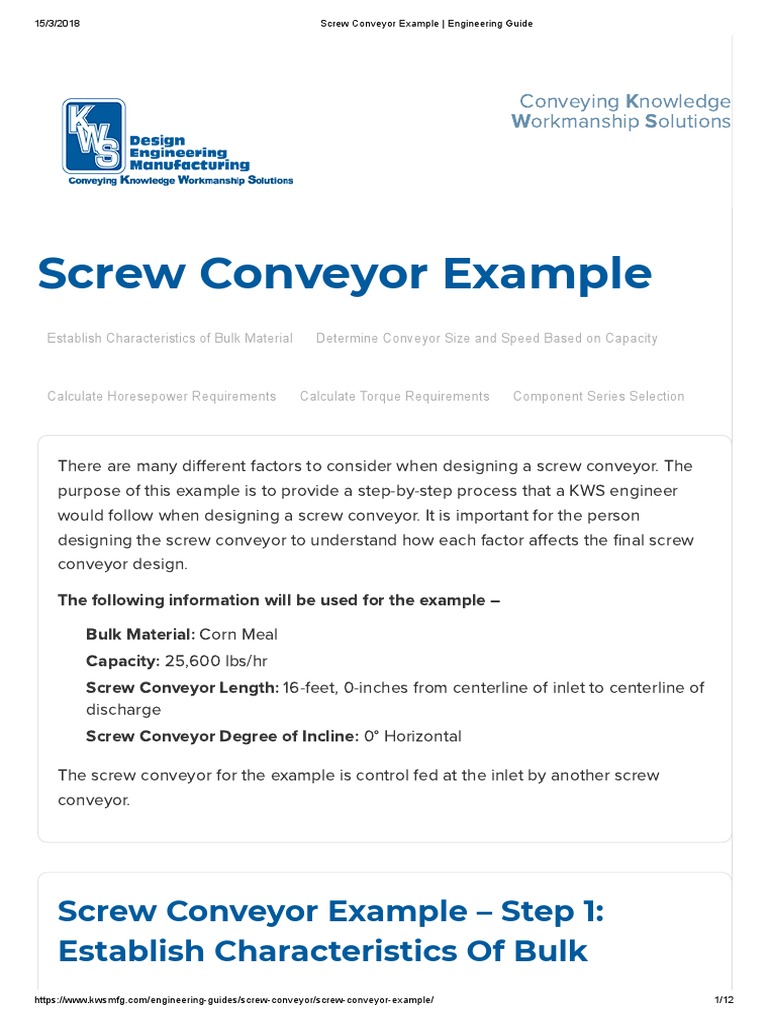 Screw Conveyor Example - Engineering Guide | PDF | Screw | Bearing ...