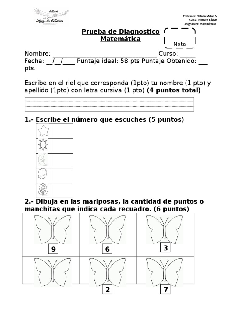 Prueba de Diagnostico de Educacion Matematica Primero Basico | Matemáticas