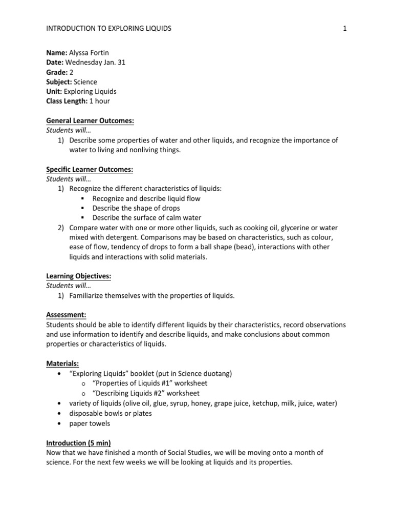 Exploring Liquids Day 1 | PDF | Liquids | Behavior Modification