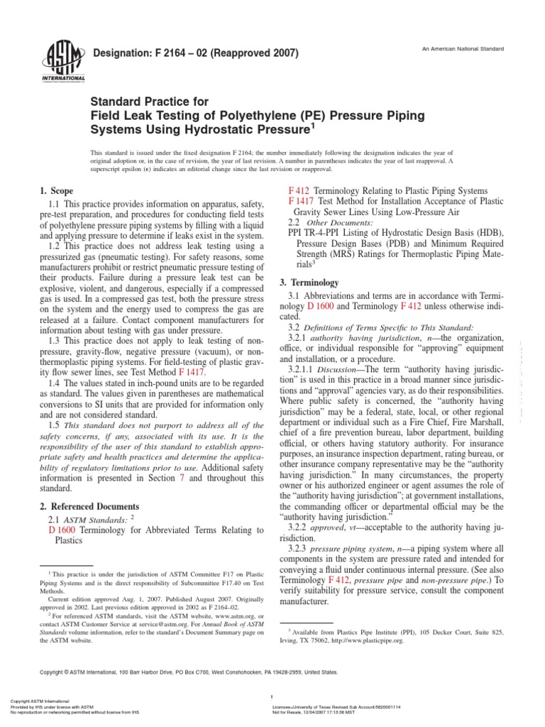 ASTM F 2164 - 02 (Reapproved 2007) | PDF | Leak | Pipe (Fluid Conveyance)