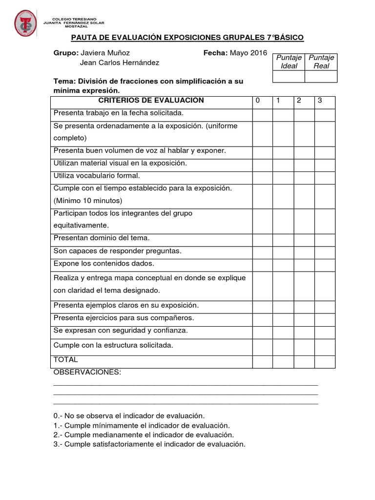 Pauta de Evaluación Exposiciones Grupales 8vo Básico | PDF | Números | Enseñanza de matemática
