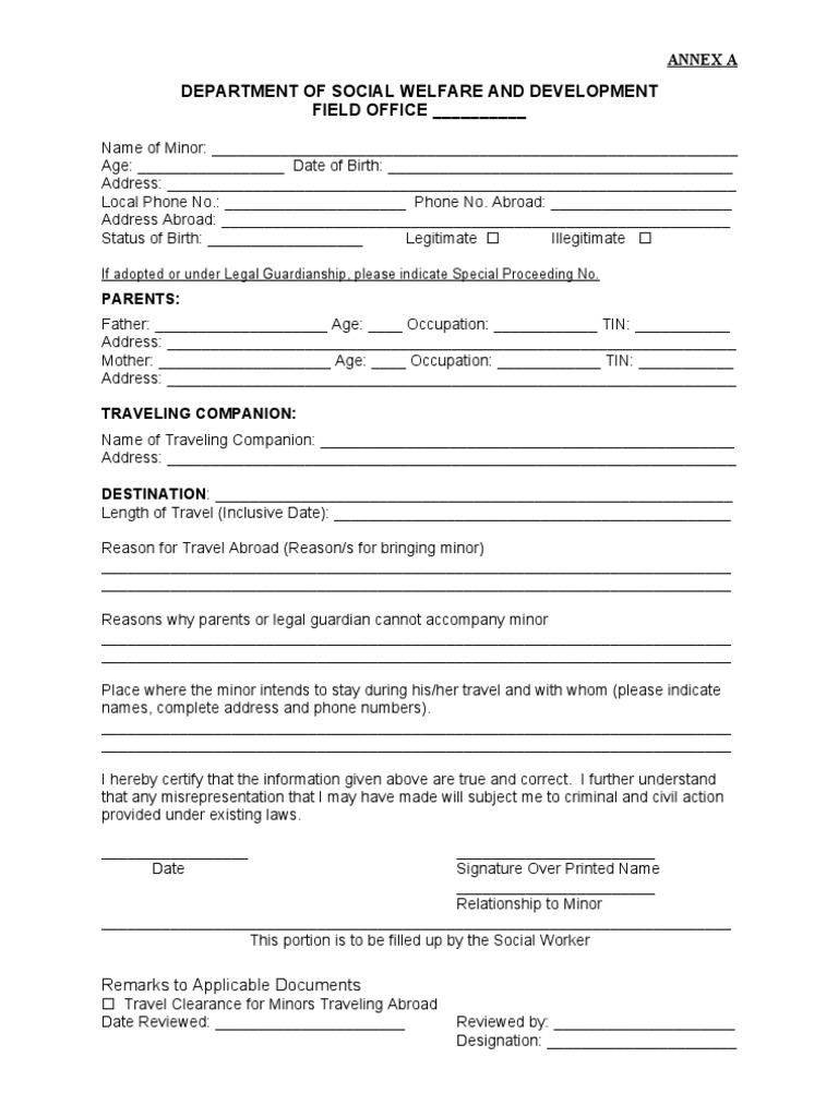 DSWD Travel Clearance Form for Minors | PDF | Legal Guardian ...