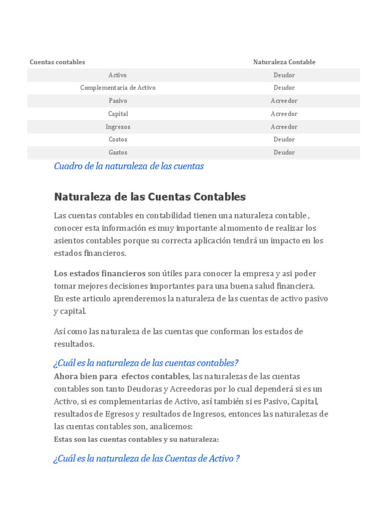 Cuadro de La Naturaleza de Las Cuentas | Contabilidad | Contabilidad ...