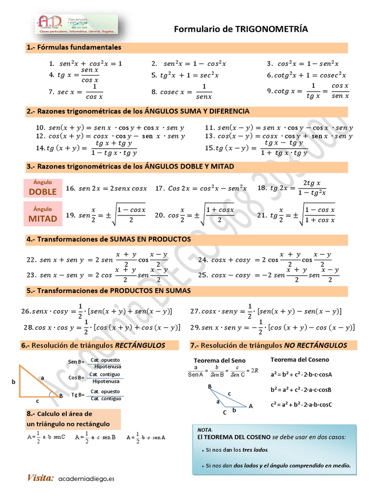 Formulario Trigo | Descargar gratis PDF | Triángulo | Geometría Elemental