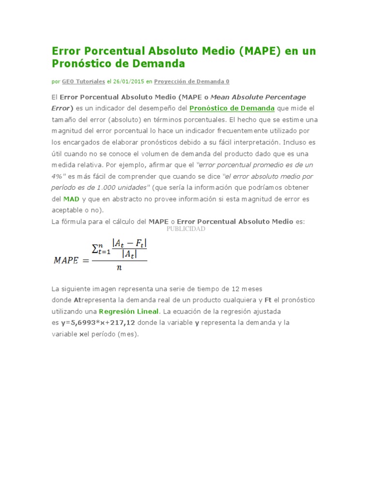 Cálculo del Error Porcentual Absoluto (MAPE) | PDF | Medición ...