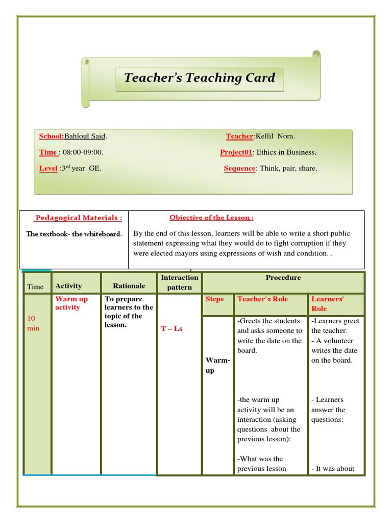 Teacher's Teaching Card Card: School: Teacher Time Project01 Level ...