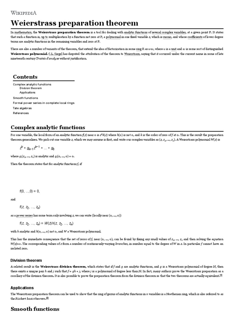Weierstrass Preparation Theorem - Wikipedia PDF | PDF | Mathematical ...