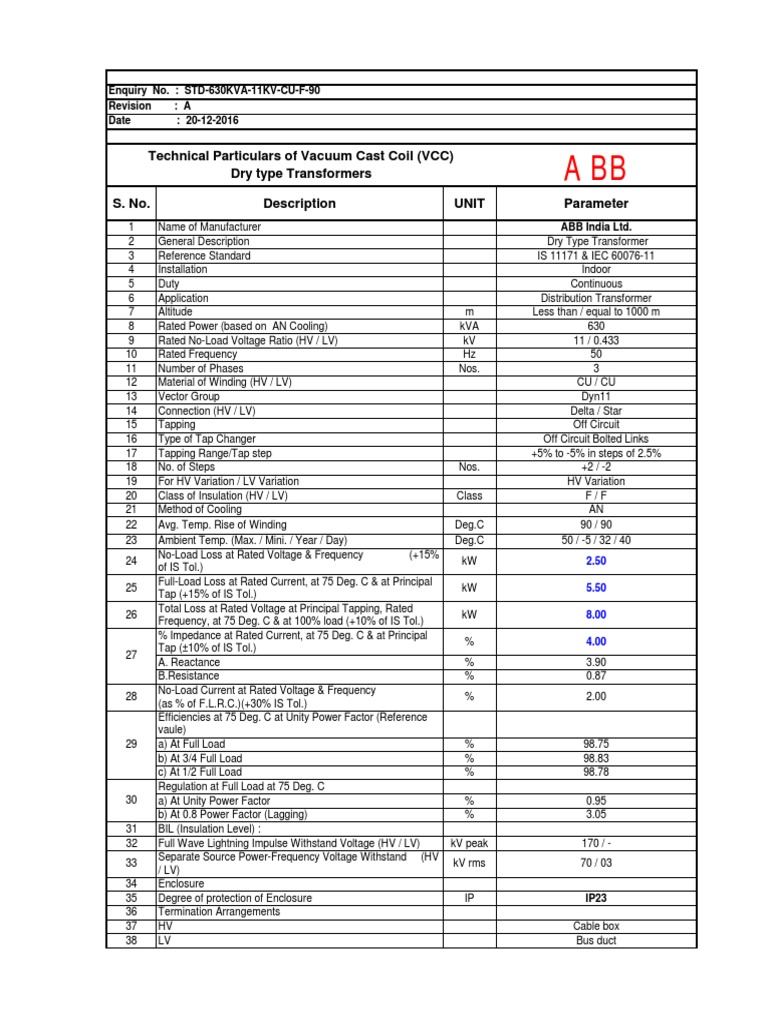 Data Sheet 630kva 33kv Cu F 90 Ip23 | PDF | Transformer | Electrical Engineering