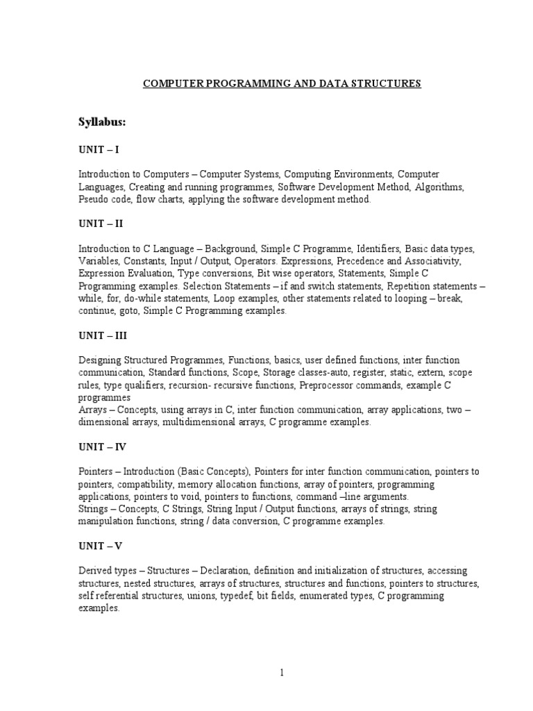 Syllabus:: Computer Programming and Data Structures | PDF | C (Programming Language) | Pointer ...