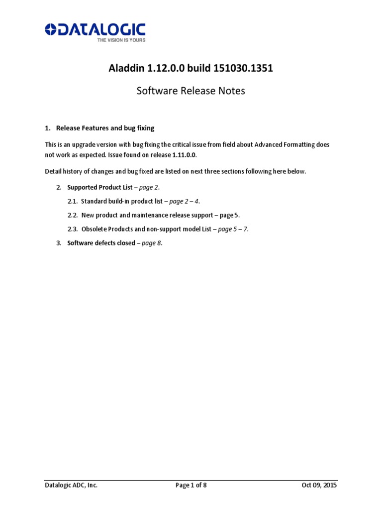 Aladdin SW Release Notes 1.12.0.0 Build 151030.1351 | PDF | Software ...