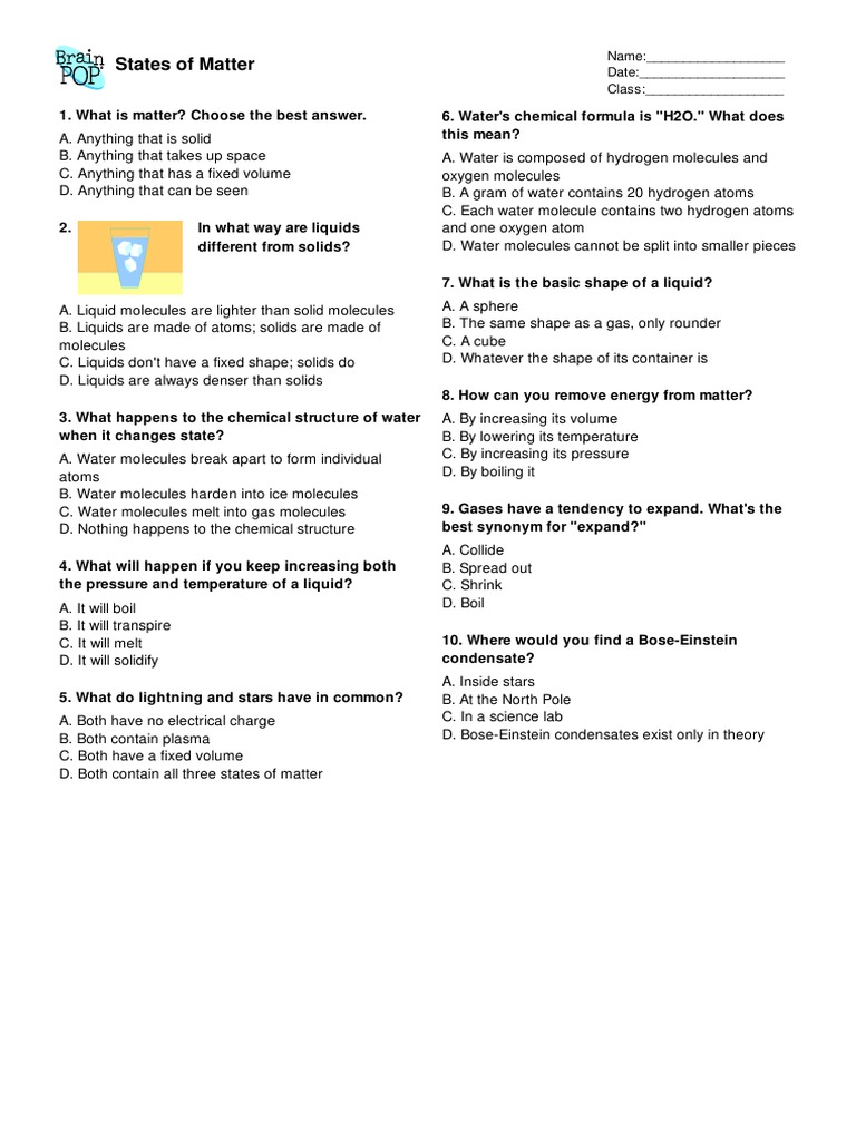 States of Matter Quiz | PDF | Liquids | Molecules