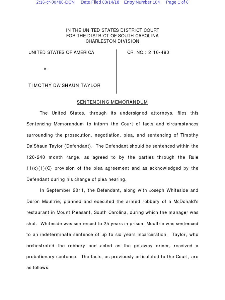 Sentencing Memo For Timothy Taylor | PDF | Plea Bargain | Polygraph