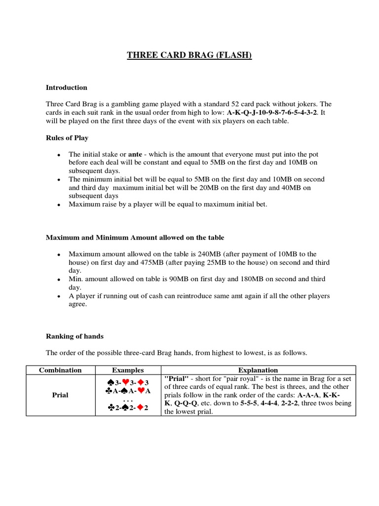 Three Card Brag (Flash) | PDF | Betting In Poker | Poker