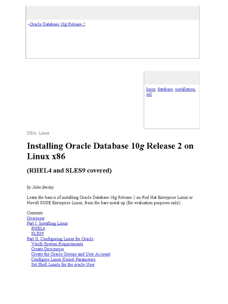 Installing Oracle Database 10g Release 2 On Linux x86: (RHEL4 and SLES9 Covered) | PDF | Oracle ...