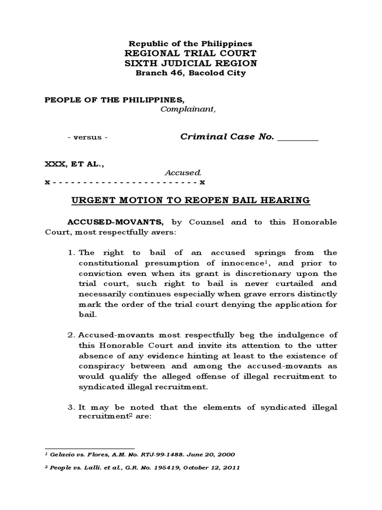 Motion To Reopen Bail Hearing | PDF | Bail | Burden Of Proof (Law)