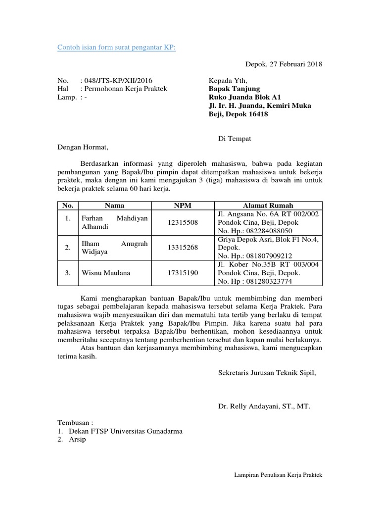 Surat Permohonan KP Kelas 3TA02 | PDF