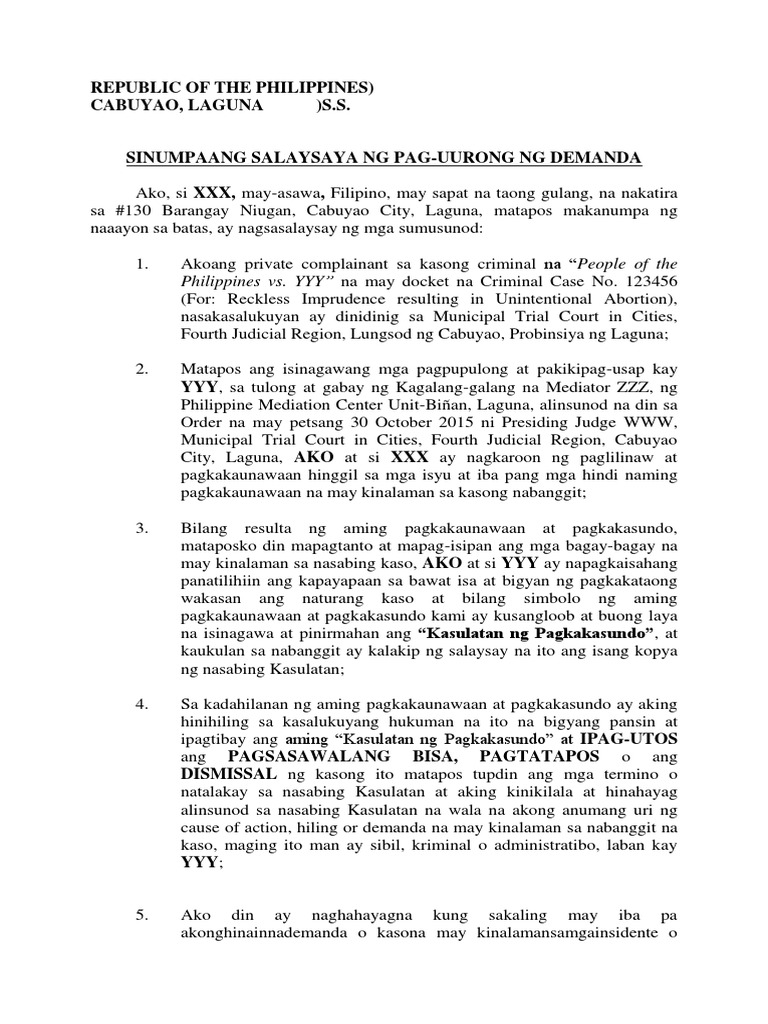 Reckless Imprudence Case-Affidavit of Desistance (Filipino) | PDF